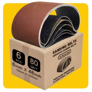 6 x 48 inch 80 grit sanding belt | premium aluminum oxide sanding belt | premium sander sandpaper - 6 pack