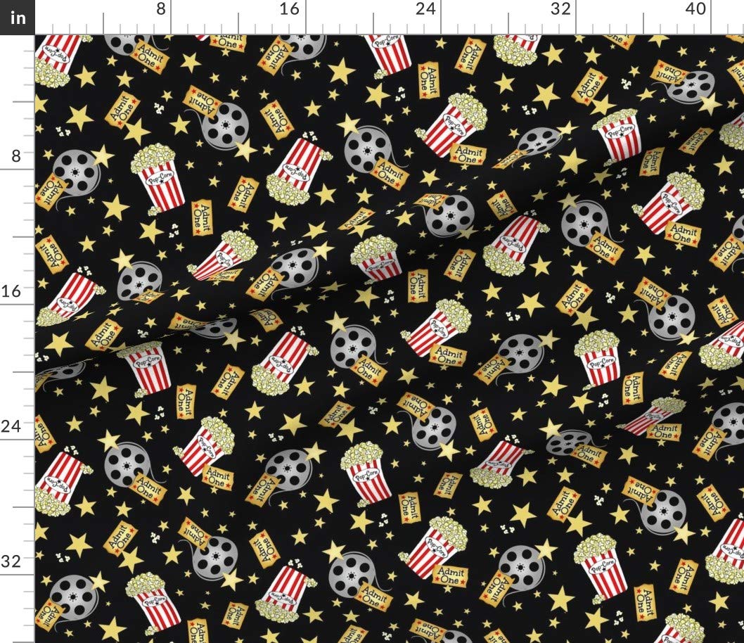 Spoonflower Fabric - VIP Night Theater Popcorn Black Yellow Stars Red Gold Novelty Printed on Petal Signature Cotton Fabric Fat Quarter - Sewing Quilting Apparel Crafts Decor