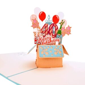 iGifts And Cards Happy 40th Blue Birthday Party Box 3D Pop Up Greeting Card – Forty, Awesome, Balloons, Presents, Unique, Celebration, Feliz Cumpleaños, Congrats, Fun