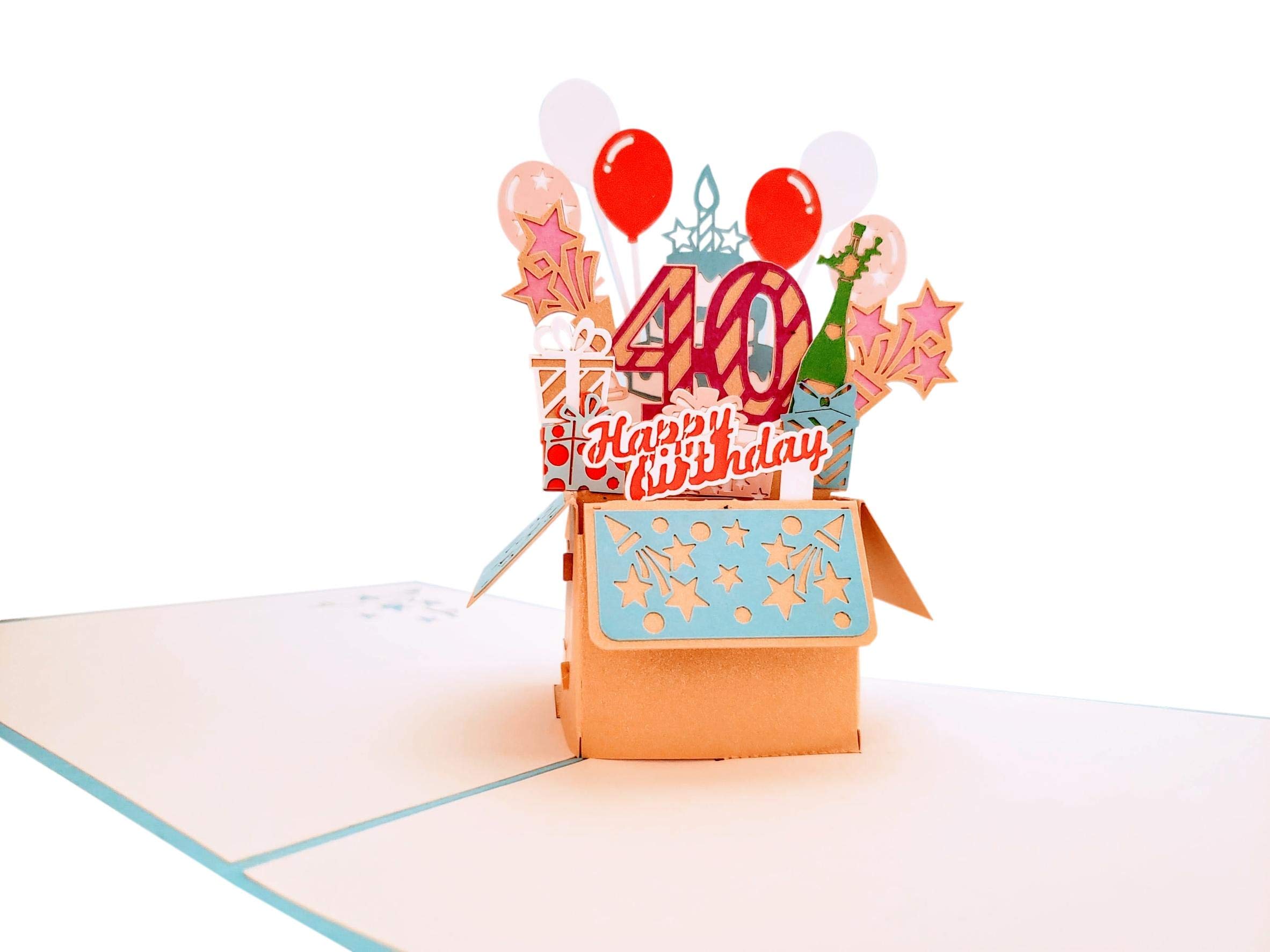 iGifts And Cards Happy 40th Blue Birthday Party Box 3D Pop Up Greeting Card – Forty, Awesome, Balloons, Presents, Unique, Celebration, Feliz Cumpleaños, Congrats, Fun