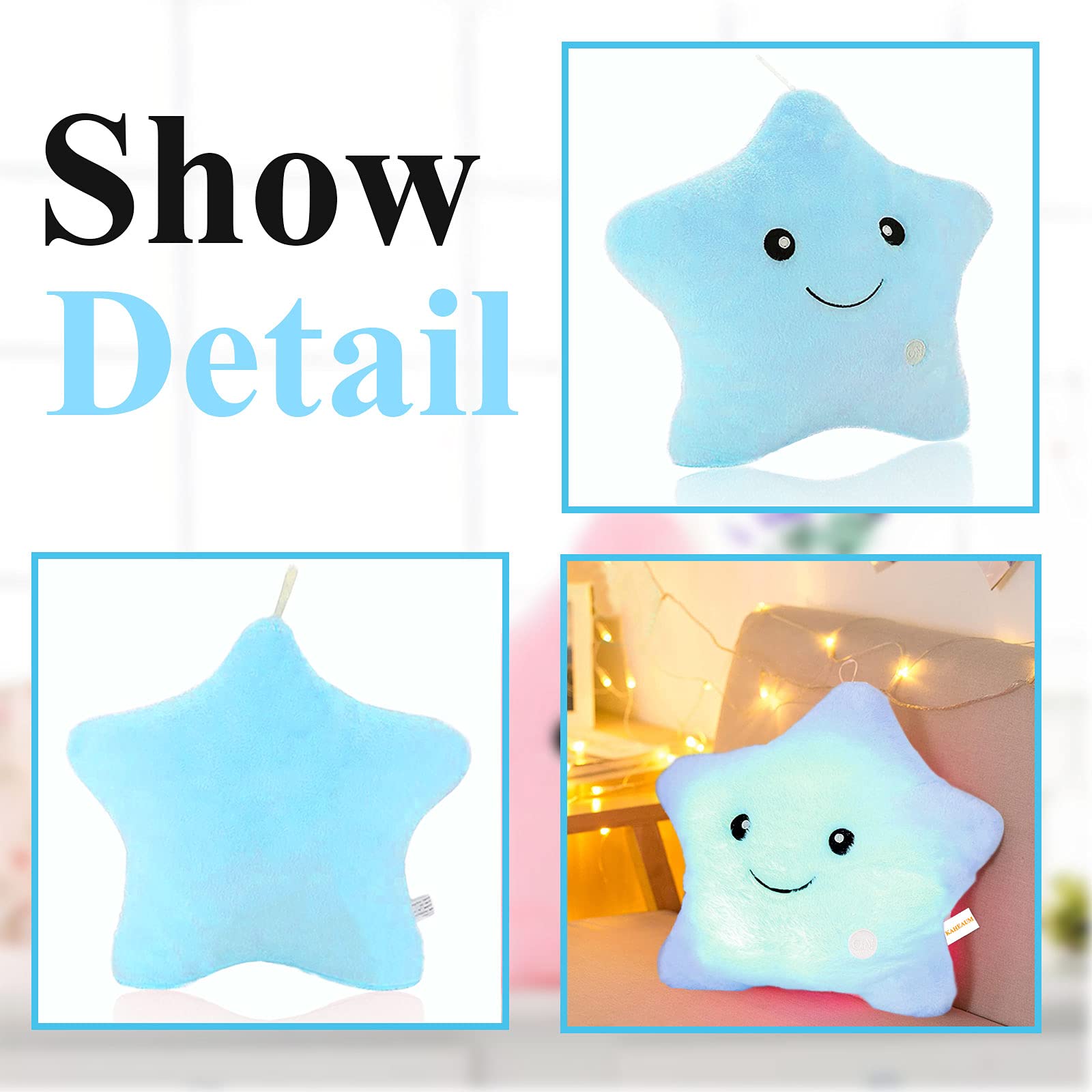 KAHEAUM Creative Twinkle Star Glowing LED Night Light Up Plush Pillows Stuffed Toys Birthday Gifts for Kid Children Friends,Couch Bed Throw Pillows Decorative Light Blue Throw Pillow Covers