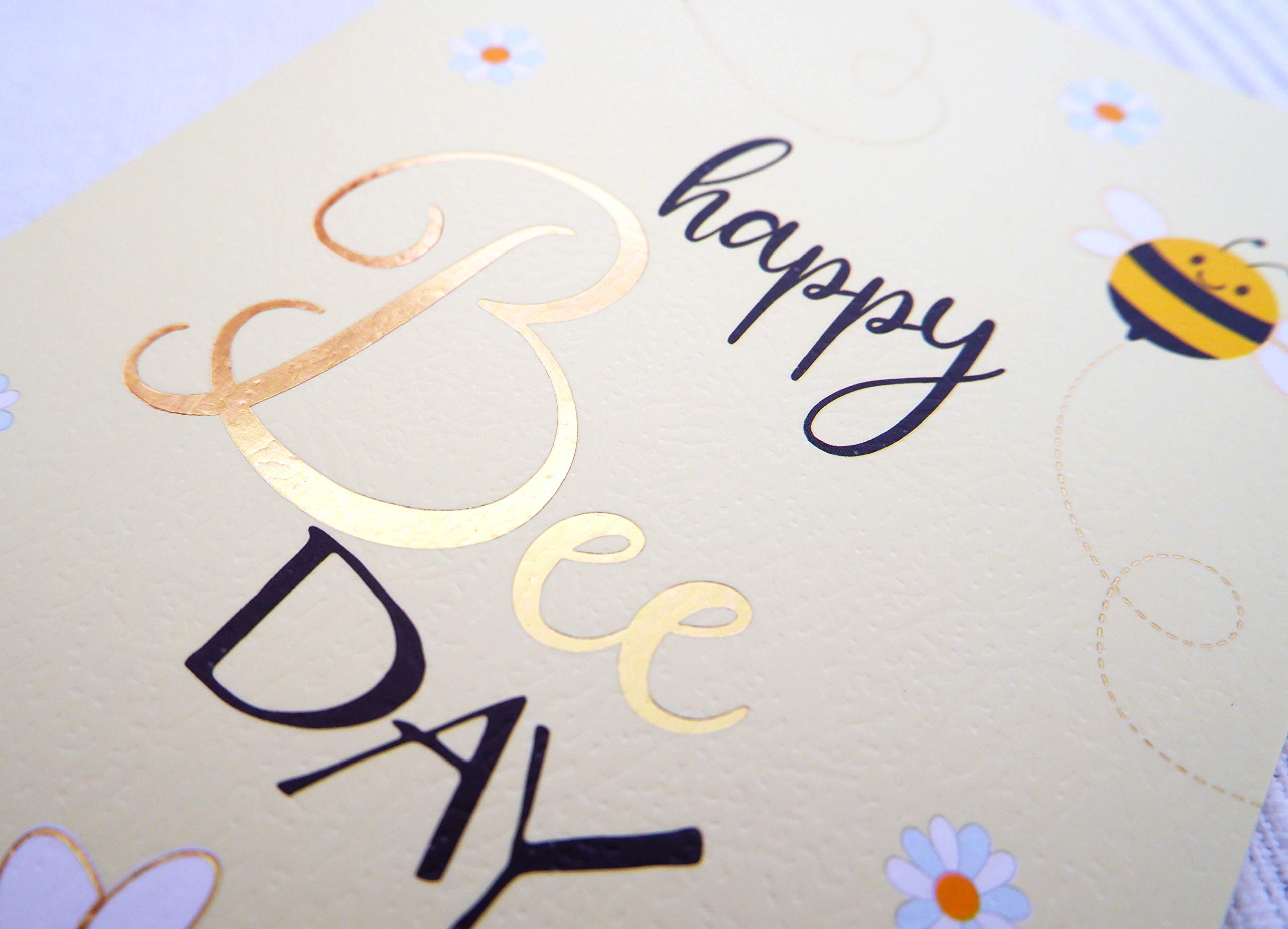 Birthday Card - Single Happy Bee Day Birthday Greeting Card For Bee Themed Party - Gold Foil Bees and Lettering on Yellow Textured Paper with Kraft Envelope - 5" x 7" - Blank Inside