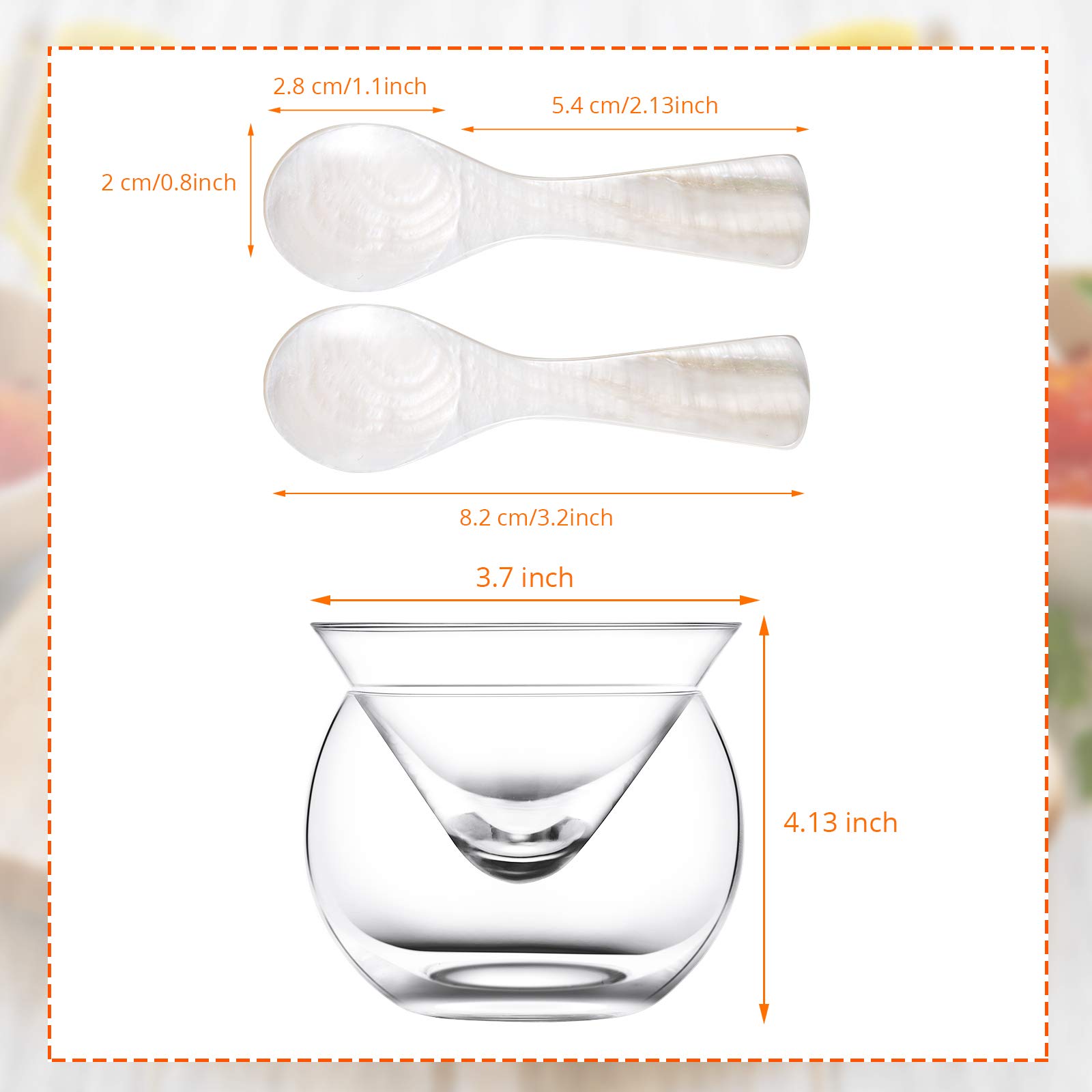 Glass Caviar Chiller Server Set and 2 Pieces Caviar Spoons 3.2 Inch Shell Spoon Mother of Pearl Caviar Spoons Round Handle for Caviar, Egg, Ice Cream, Coffee, Restaurant Serving