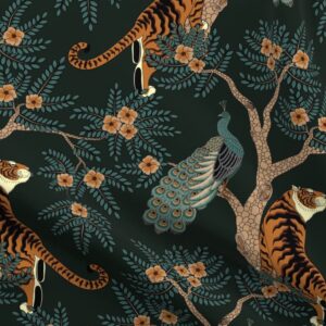 Spoonflower Fabric - Tiger Chinoiserie Bengal Peacock Asian Inspired Dark Teal Orange Printed on Petal Signature Cotton Fabric by The Yard - Sewing Quilting Apparel Crafts Decor