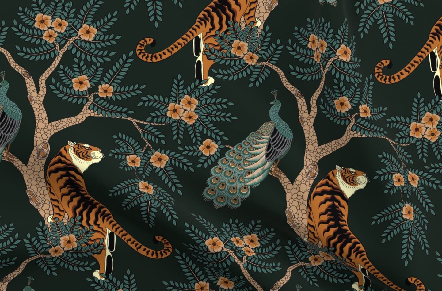 Spoonflower Fabric - Tiger Chinoiserie Bengal Peacock Asian Inspired Dark Teal Orange Printed on Petal Signature Cotton Fabric by The Yard - Sewing Quilting Apparel Crafts Decor