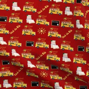 Spoonflower Fabric - School Bus Red Back to School Yellow Bear Transportation Printed on Petal Signature Cotton Fabric Fat Quarter - Sewing Quilting Apparel Crafts Decor