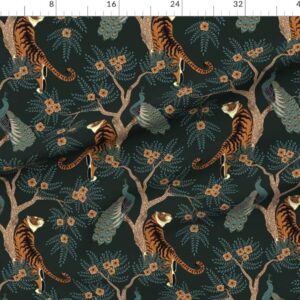 Spoonflower Fabric - Tiger Chinoiserie Bengal Peacock Asian Inspired Dark Teal Orange Printed on Petal Signature Cotton Fabric by The Yard - Sewing Quilting Apparel Crafts Decor