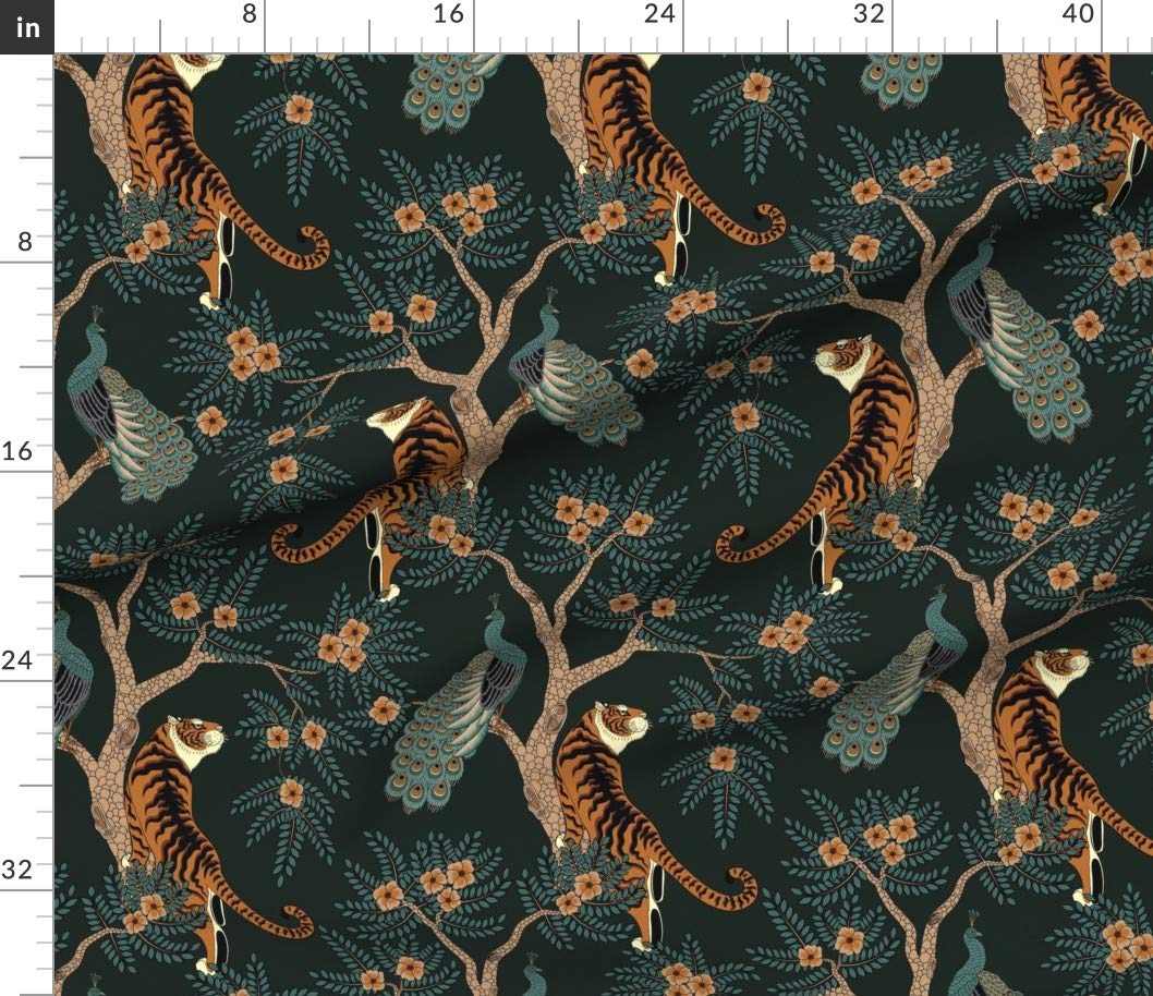 Spoonflower Fabric - Tiger Chinoiserie Bengal Peacock Asian Inspired Dark Teal Orange Printed on Petal Signature Cotton Fabric by The Yard - Sewing Quilting Apparel Crafts Decor