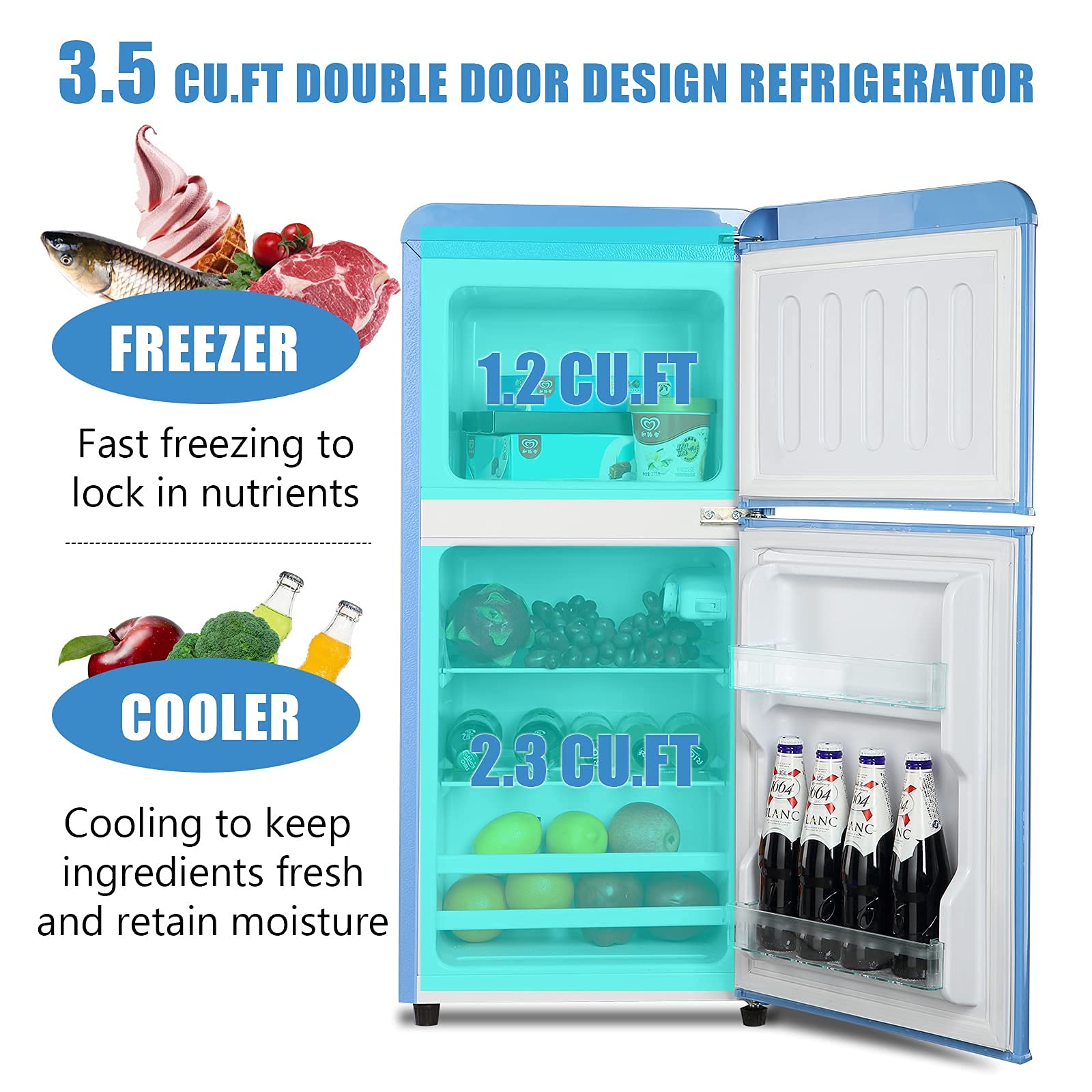 KRIB BLING 3.5 Cu.ft Compact Refrigerator, Retro Mini Fridge with Freezer, Small Drink Chiller with 2 Door Adjustable Mechanical Thermostat for Home, Office,Dorm or RV, Blue