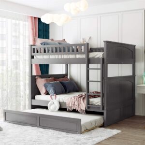 harper & bright designs full over full bunk bed with trundle, bunk beds full over full with safety rail & ladder, detachable wood full bunk bed frame for kids girls teens adults ，brushed gray