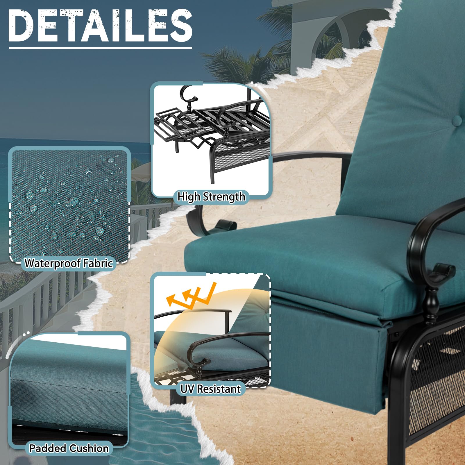 Patiomore Patio Adjustable Lounge Chair, Outdoor Recliner Metal Automatic Chaise Chair with Removable Cushions, Blue