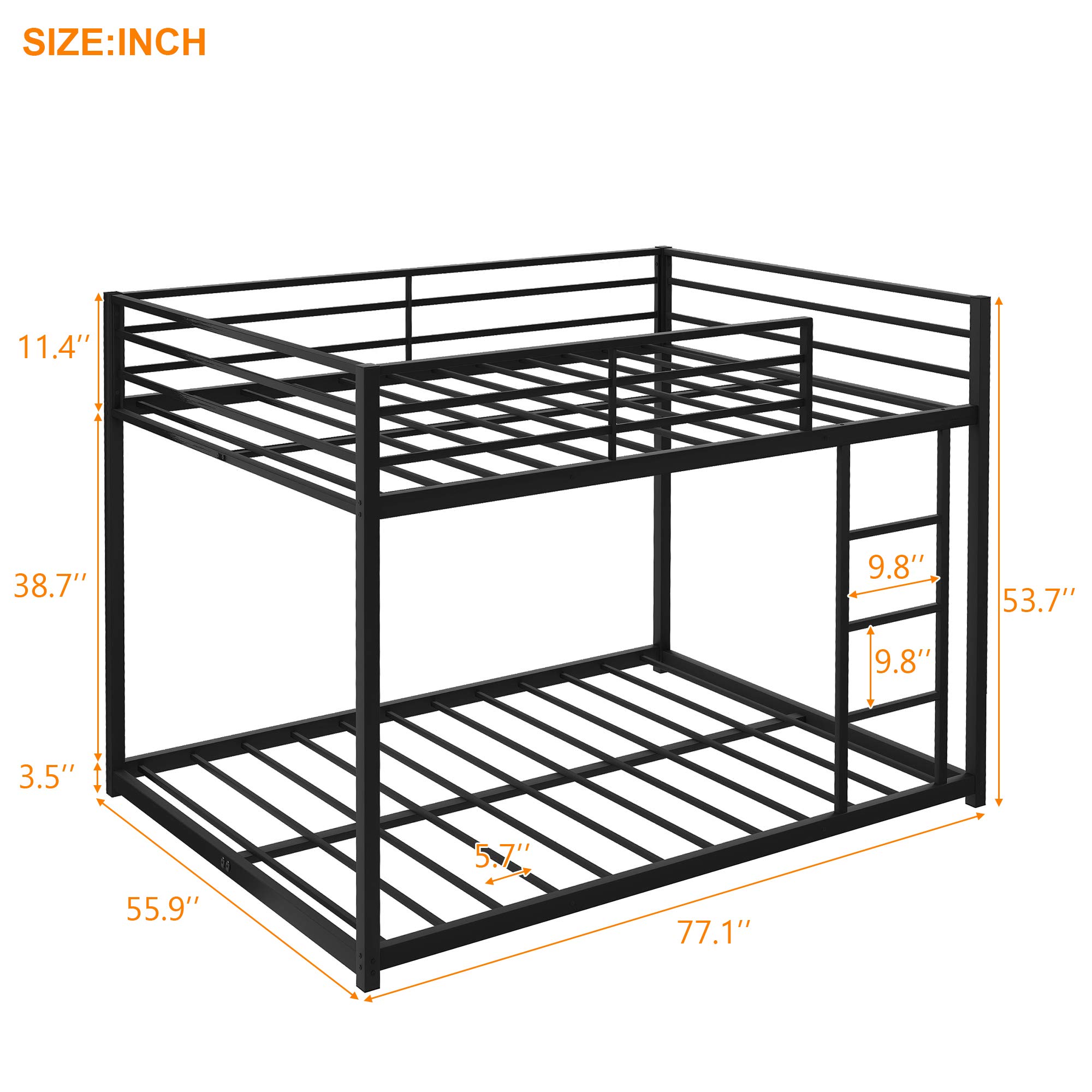 P PURLOVE Junior's Metal Bunk Bed Frame for Kids, Full Size Low Profile Floor Bunk Bed,Full Over Full Bunk Bed with Slat and Ladder,No Box Spring Need,Black