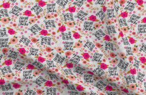 spoonflower fabric - pretty fresh out pink flowers floral gray rose daisy swear curse word printed on petal signature cotton fabric fat quarter - sewing quilting apparel crafts decor