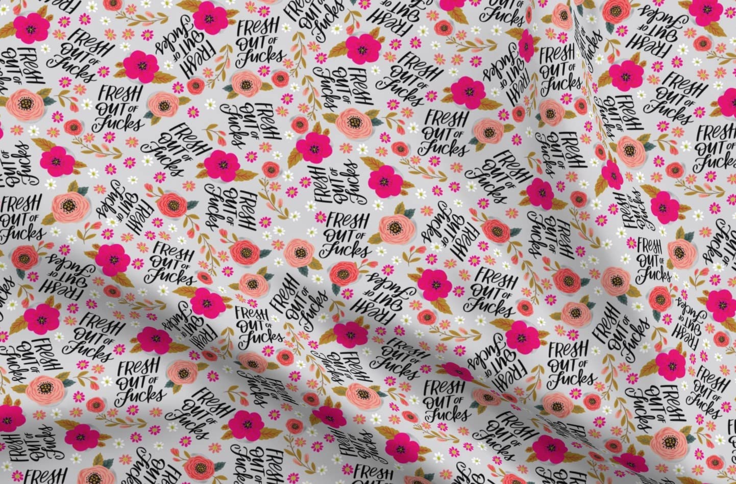 Spoonflower Fabric - Pretty Fresh Out Pink Flowers Floral Gray Rose Daisy Swear Curse Word Printed on Petal Signature Cotton Fabric Fat Quarter - Sewing Quilting Apparel Crafts Decor