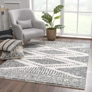 hauteloom trunding moroccan farmhouse living room bedroom shaggy area rug - bohemian shag rug - plush high pile - southwestern boho soft carpet - black, cream, grey, beige - 5'3" x 7'3"