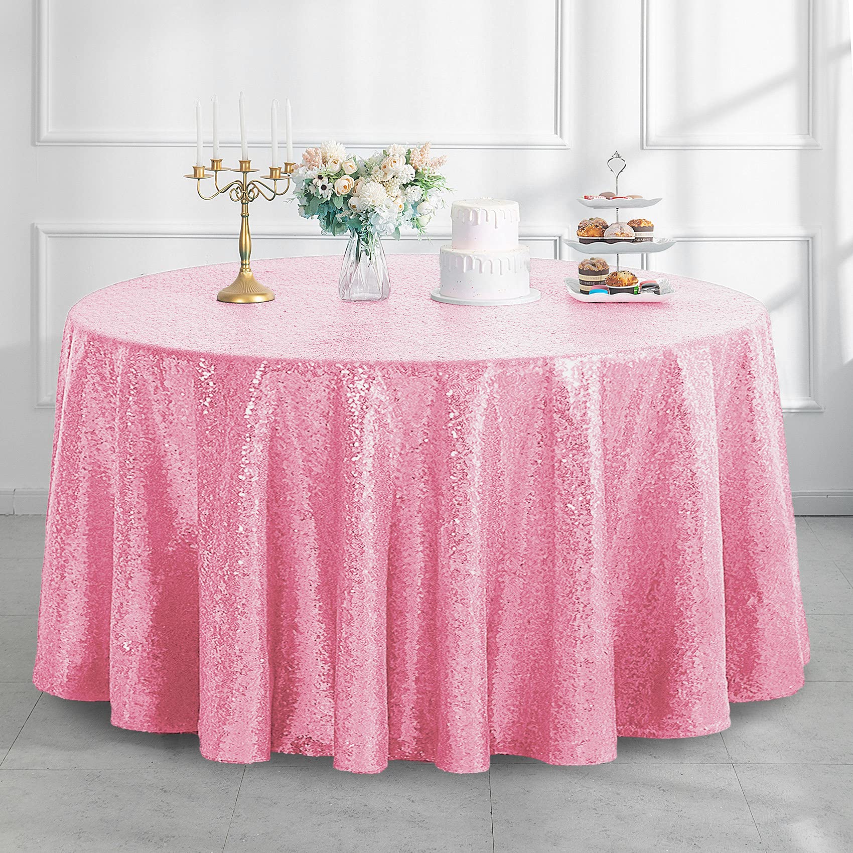 Pufogu 50" Round Pink Sequin Tablecloth Glitter Pink Table Cloths for Birthday Wedding Bridal Baby Shower Party Decorations