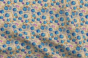 spoonflower fabric - blue fantasy illustration sword dice dragons printed on petal signature cotton fabric fat quarter - sewing quilting apparel crafts decor