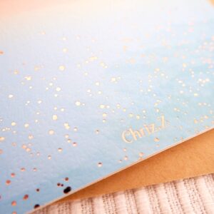 Birthday Card - Single Happy Birthday Greeting Card with Rose Gold Foil Sprinkles and Lettering on Ombre Blue Yellow Pink Textured Paper with Kraft Envelope - 5" x 7" - Blank Inside