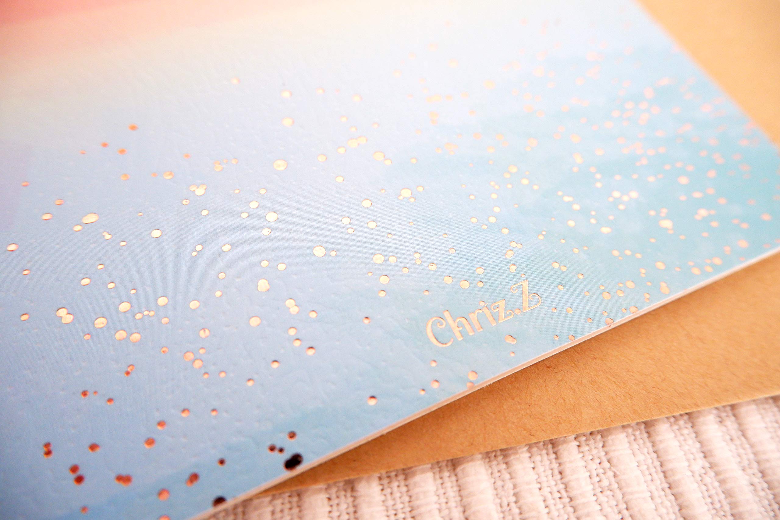 Birthday Card - Single Happy Birthday Greeting Card with Rose Gold Foil Sprinkles and Lettering on Ombre Blue Yellow Pink Textured Paper with Kraft Envelope - 5" x 7" - Blank Inside