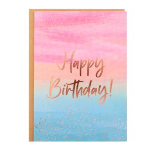 birthday card - single happy birthday greeting card with rose gold foil sprinkles and lettering on ombre blue yellow pink textured paper with kraft envelope - 5" x 7" - blank inside