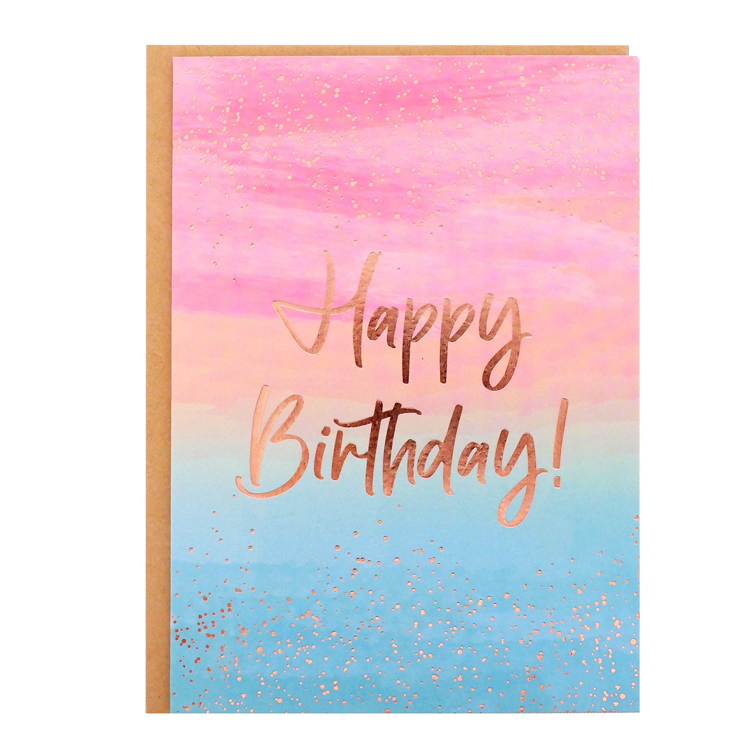 Birthday Card - Single Happy Birthday Greeting Card with Rose Gold Foil Sprinkles and Lettering on Ombre Blue Yellow Pink Textured Paper with Kraft Envelope - 5" x 7" - Blank Inside