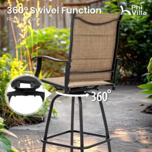 PHI VILLA Outdoor Patio Swivel Bar Stools Set of 4 with Backrest, Bar Height Patio Bar Stools & Chairs with Armrest,Padded Brown Textilene