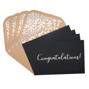 Congratulations Card – 50 Pack Matte Finish Black Greeting Cards With ‘’Congratulations’’ Embossed In Silver Foil Letters – For Engagement, Graduation, Wedding 52 Gold Foil Confetti Kraft Envelopes