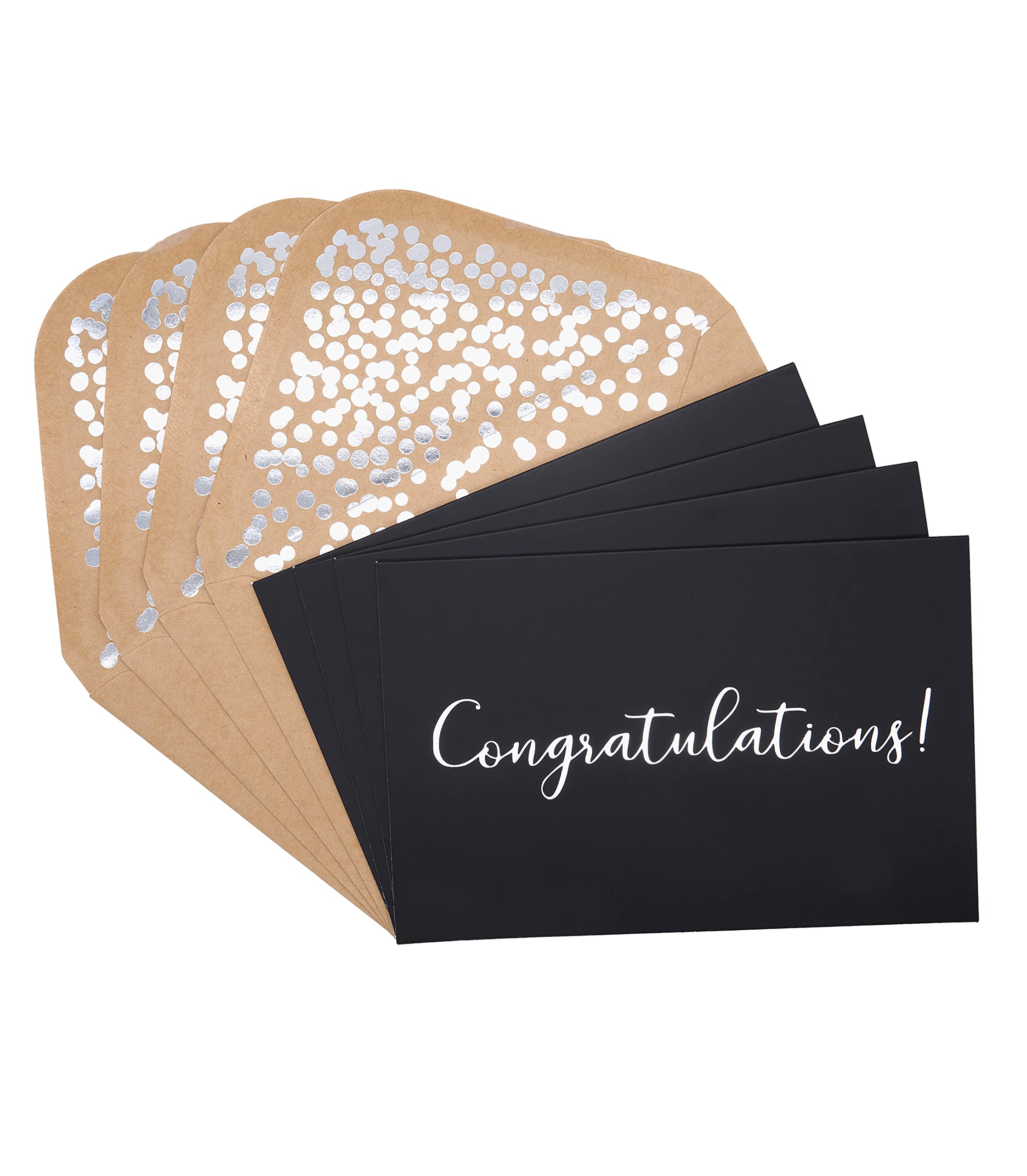 Congratulations Card – 50 Pack Matte Finish Black Greeting Cards With ‘’Congratulations’’ Embossed In Silver Foil Letters – For Engagement, Graduation, Wedding 52 Gold Foil Confetti Kraft Envelopes