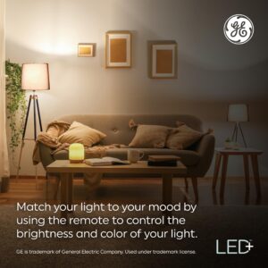 GE LED+ Color Changing LED Light Bulbs with Remote, College Dorm Light, Dorm Room Essentials, Bedroom Light, 9.5W, No App or Wi-Fi Required, A19, CAC (2 Pack)