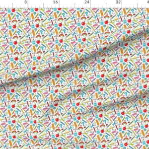 Spoonflower Fabric - Small School Supplies White Teacher Pencil Rainbow Student ABCs Printed on Petal Signature Cotton Fabric by The Yard - Sewing Quilting Apparel Crafts Decor