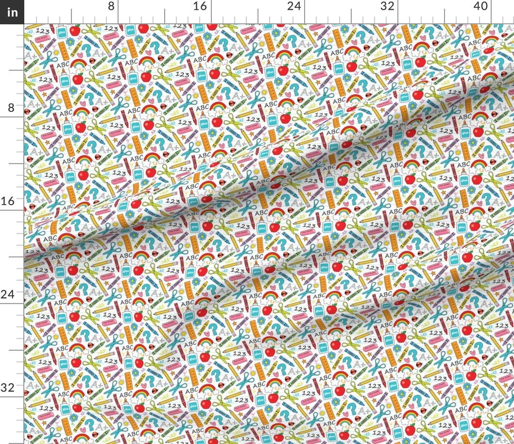 Spoonflower Fabric - Small School Supplies White Teacher Pencil Rainbow Student ABCs Printed on Petal Signature Cotton Fabric by The Yard - Sewing Quilting Apparel Crafts Decor