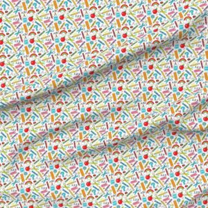 Spoonflower Fabric - Small School Supplies White Teacher Pencil Rainbow Student ABCs Printed on Petal Signature Cotton Fabric by The Yard - Sewing Quilting Apparel Crafts Decor