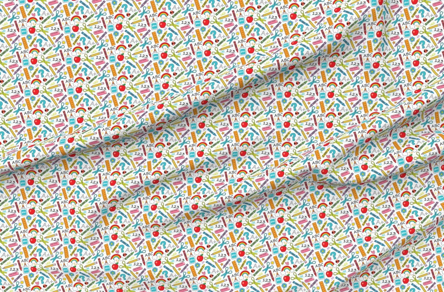 Spoonflower Fabric - Small School Supplies White Teacher Pencil Rainbow Student ABCs Printed on Petal Signature Cotton Fabric by The Yard - Sewing Quilting Apparel Crafts Decor