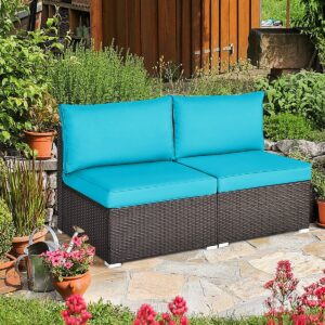 dortala 2 piece wicker sectional armless chairs, outdoor rattan sectional sofa set w/cushions for seat and back, additional seats for garden balcony patio poolside, turquoise