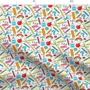 Spoonflower Fabric - Small School Supplies White Teacher Pencil Rainbow Student ABCs Printed on Petal Signature Cotton Fabric by The Yard - Sewing Quilting Apparel Crafts Decor