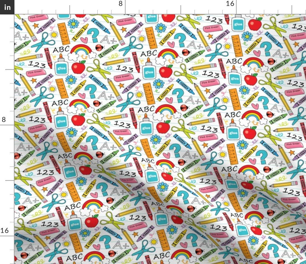 Spoonflower Fabric - Small School Supplies White Teacher Pencil Rainbow Student ABCs Printed on Petal Signature Cotton Fabric by The Yard - Sewing Quilting Apparel Crafts Decor