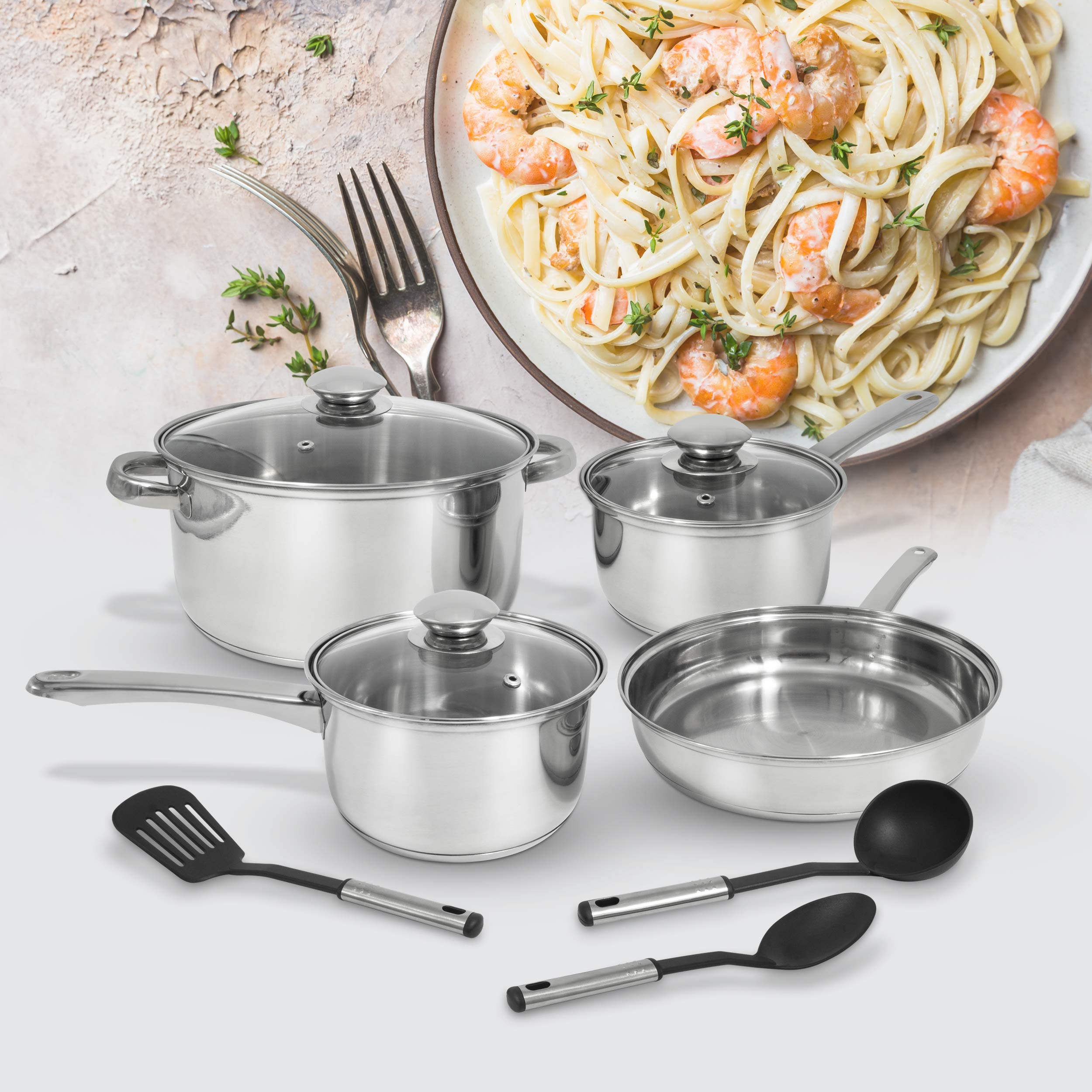 ExcelSteel w/Encapsulated Base & Tools Versatile for Any Kitchen Stainless Cookware Set, 10 Pc