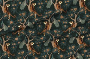 spoonflower fabric - tiger chinoiserie bengal peacock asian inspired dark teal orange printed on petal signature cotton fabric by the yard - sewing quilting apparel crafts decor