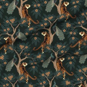 Spoonflower Fabric - Tiger Chinoiserie Bengal Peacock Asian Inspired Dark Teal Orange Printed on Petal Signature Cotton Fabric by The Yard - Sewing Quilting Apparel Crafts Decor