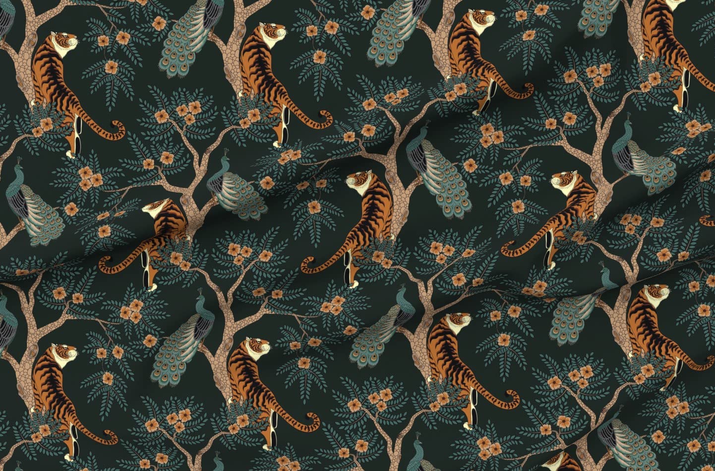 Spoonflower Fabric - Tiger Chinoiserie Bengal Peacock Asian Inspired Dark Teal Orange Printed on Petal Signature Cotton Fabric by The Yard - Sewing Quilting Apparel Crafts Decor