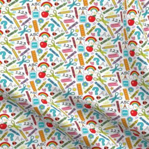 Spoonflower Fabric - Small School Supplies White Teacher Pencil Rainbow Student ABCs Printed on Petal Signature Cotton Fabric by The Yard - Sewing Quilting Apparel Crafts Decor