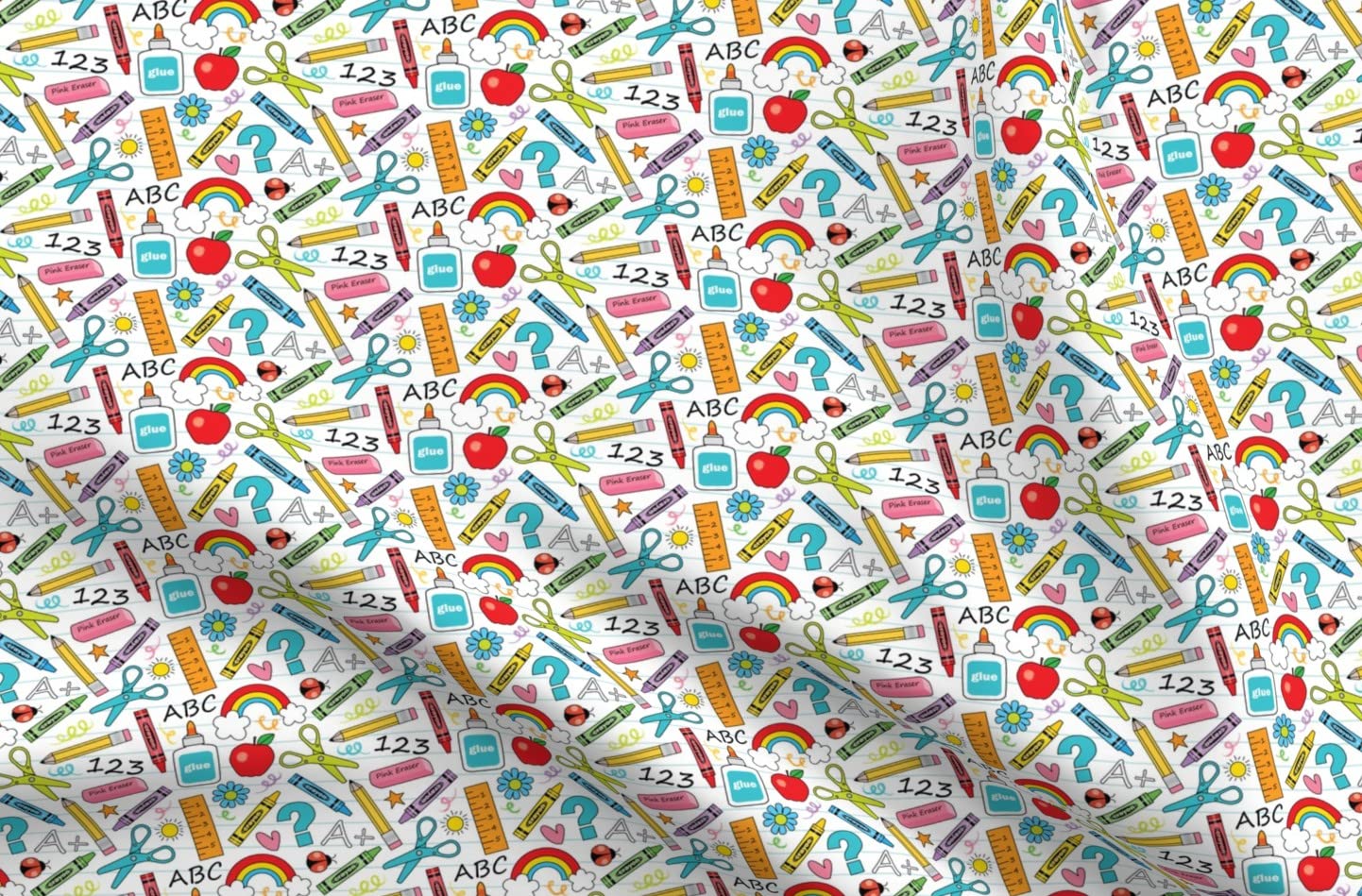 Spoonflower Fabric - Small School Supplies White Teacher Pencil Rainbow Student ABCs Printed on Petal Signature Cotton Fabric by The Yard - Sewing Quilting Apparel Crafts Decor