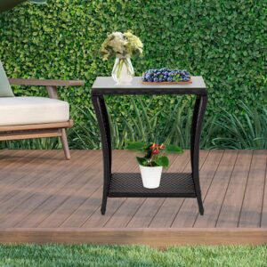 JSUN7 Outdoor Wicker Side Table - Outdoor Side Tables for Patio, Square Patio Bistro Table, Outdoor End Tables with Storage and Glass Top, Outdoor Furniture for Courtyard, Balcony, Black