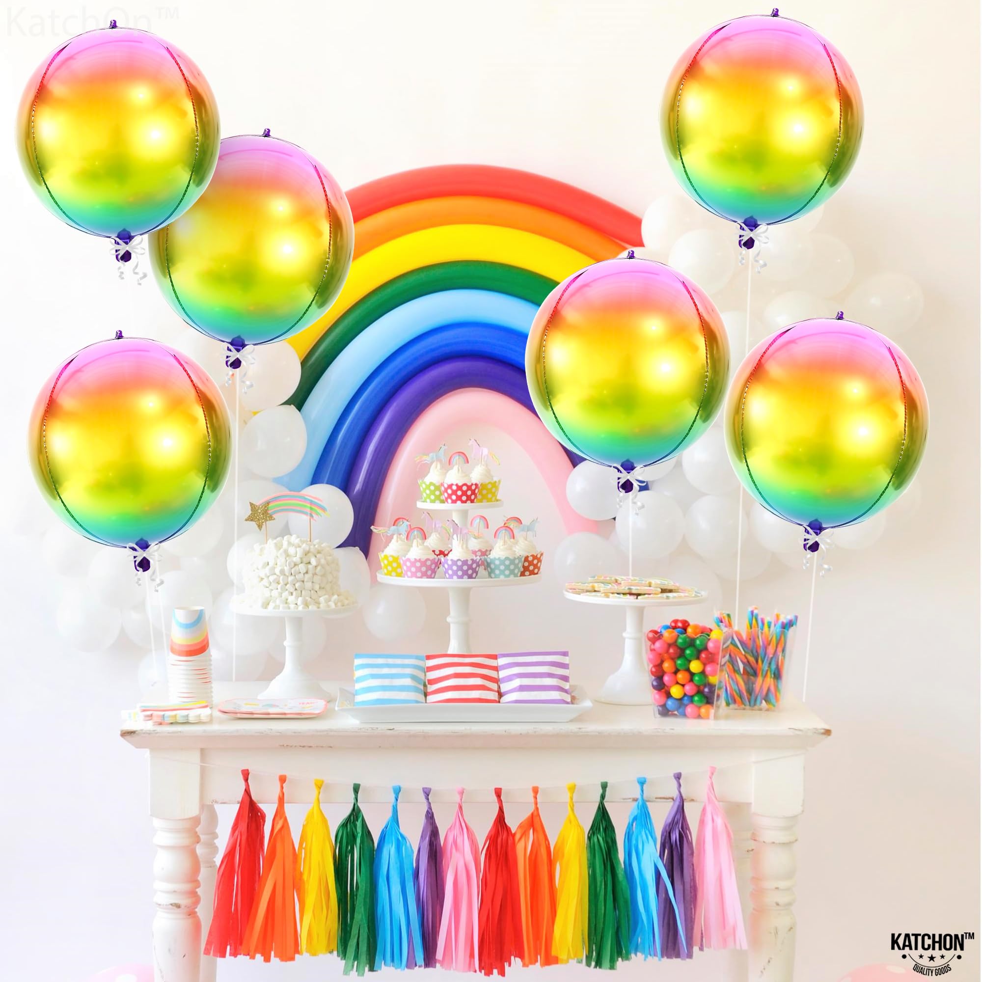 KatchOn, Rainbow Foil Balloons - 22 Inch, Pack of 6 | 4D Gradient Rainbow Balloons | Tie Dye Balloons for Birthday Party Decor | Rainbow Unicorn Balloons | Rainbow Mylar Balloons, Iridescent Balloons