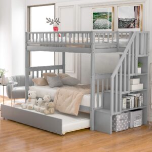 harper & bright designs twin over twin bunk bed with stairs and trundle, solid wood stairway bunk bed frame with storage, can be split into 3 separate beds, for kids teens adults (gray)