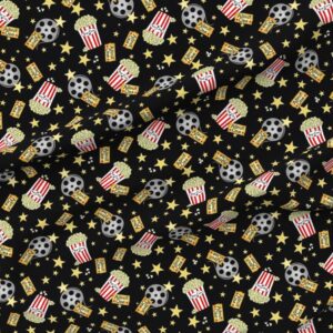 Spoonflower Fabric - VIP Night Theater Popcorn Black Yellow Stars Red Gold Novelty Printed on Petal Signature Cotton Fabric Fat Quarter - Sewing Quilting Apparel Crafts Decor