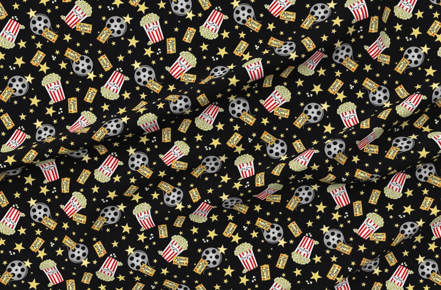 Spoonflower Fabric - VIP Night Theater Popcorn Black Yellow Stars Red Gold Novelty Printed on Petal Signature Cotton Fabric Fat Quarter - Sewing Quilting Apparel Crafts Decor