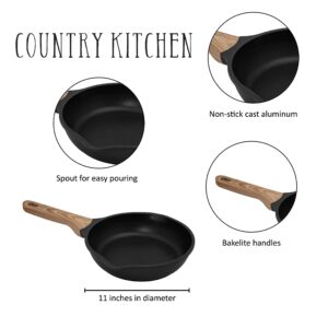 Country Kitchen Cast Aluminum Non Stick Frying Pan, Nonstick Skillet for Gas and Electric Stovetops, Matte Black, 11 Inches