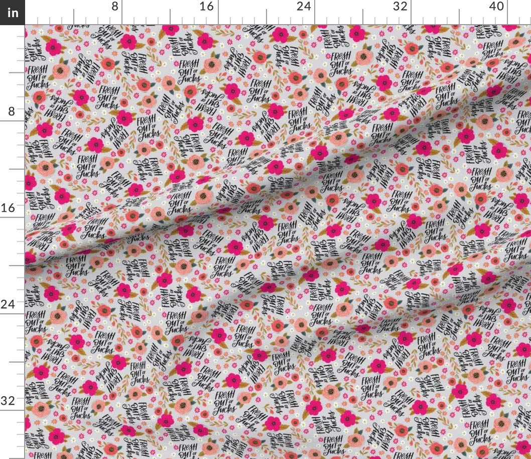 Spoonflower Fabric - Pretty Fresh Out Pink Flowers Floral Gray Rose Daisy Swear Curse Word Printed on Petal Signature Cotton Fabric Fat Quarter - Sewing Quilting Apparel Crafts Decor