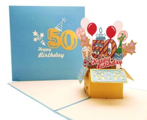 igifts and cards happy 50th blue birthday party box 3d pop up greeting card – fifty, awesome, balloons, presents, unique, congrats, celebration, feliz cumpleaños, fun